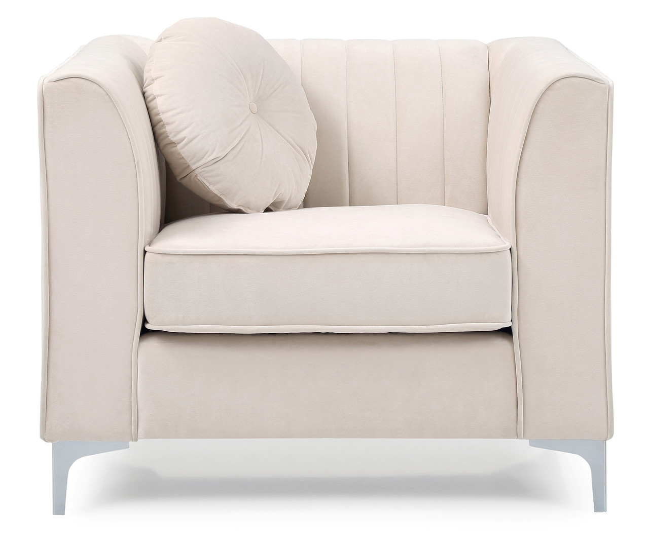 Tufted Channel Quilted Velvet Accent Chair with Round Throw Pillow 40 Beige